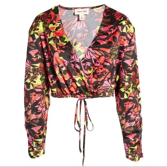 Open Edit | Tops | Open Edit Satin Wrap Front Blouse In Pink Floral Geo ...